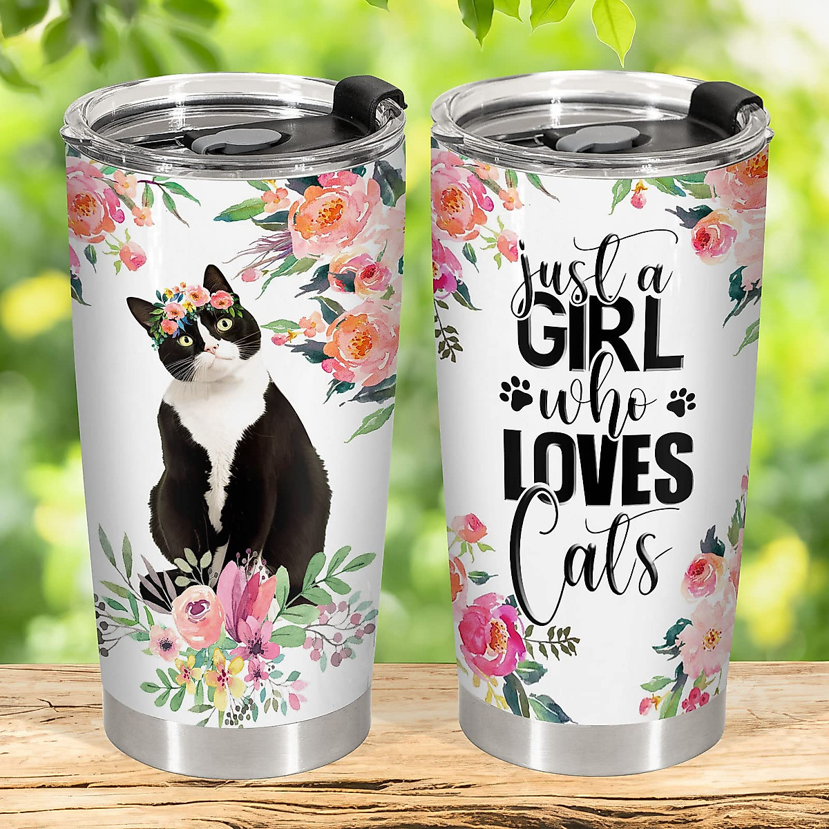 34HD Just A Girl Who Loves Cats Tumbler with Lid, 20 oz Stainless Steel Vacuum Insulated Tuxedo Coffee Mug, Cat Mom Gifts for Cat Lovers Women Birthday Mothers Day Christmas
