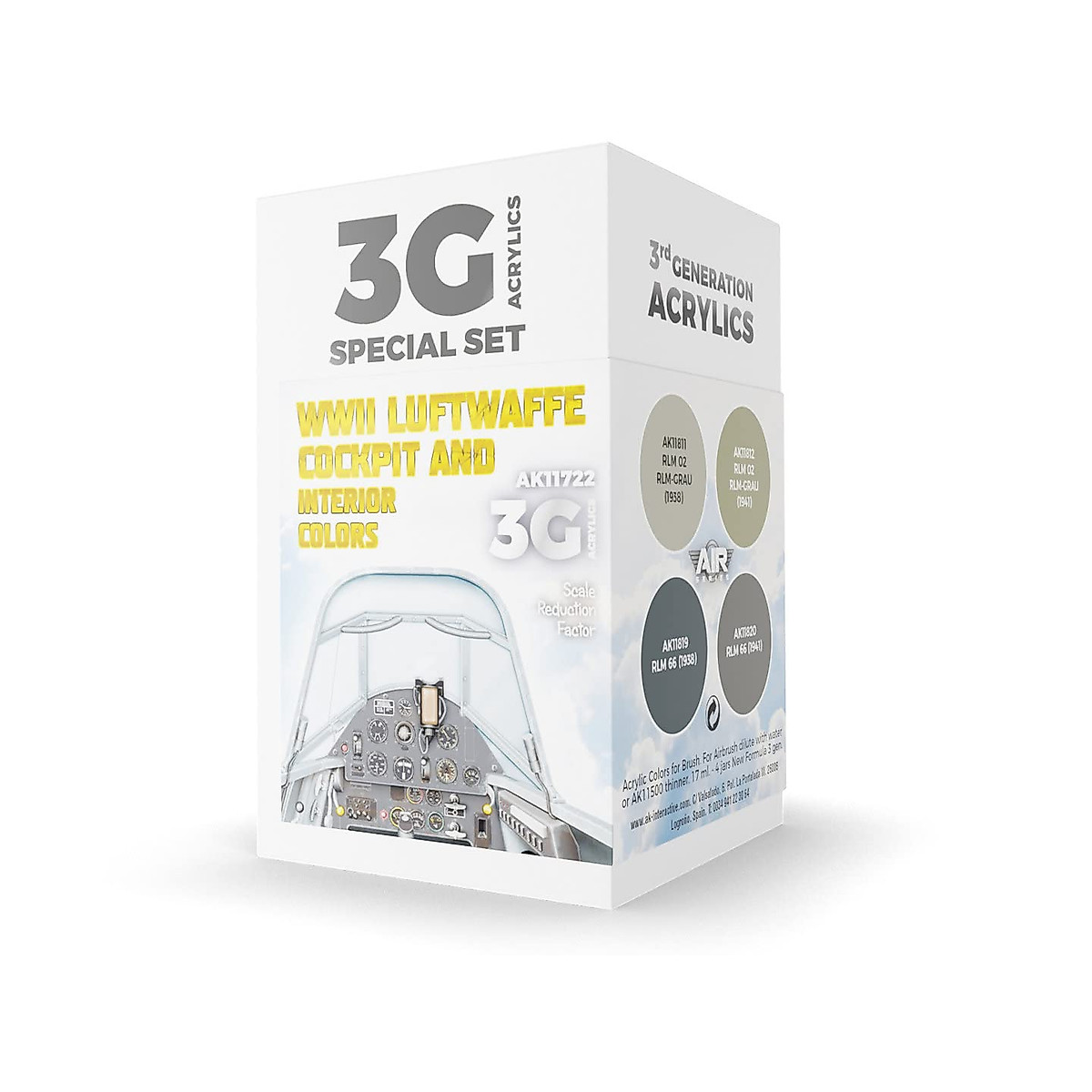 AK Acrylics 3Gen Aircraft Set AK11722 WWII Luftwaffe Cockpit & Interior Colors Set 3G (4x17ml)