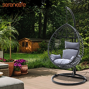 SereneLife Hanging Egg Chair with Stand - Indoor Outdoor Patio Wicker Rattan Lounge Chair with Stand, Steel Frame, UV Resistant Washable Cushions for Garden Backyard Deck Sunroom SLGZ0EGBL (Black)