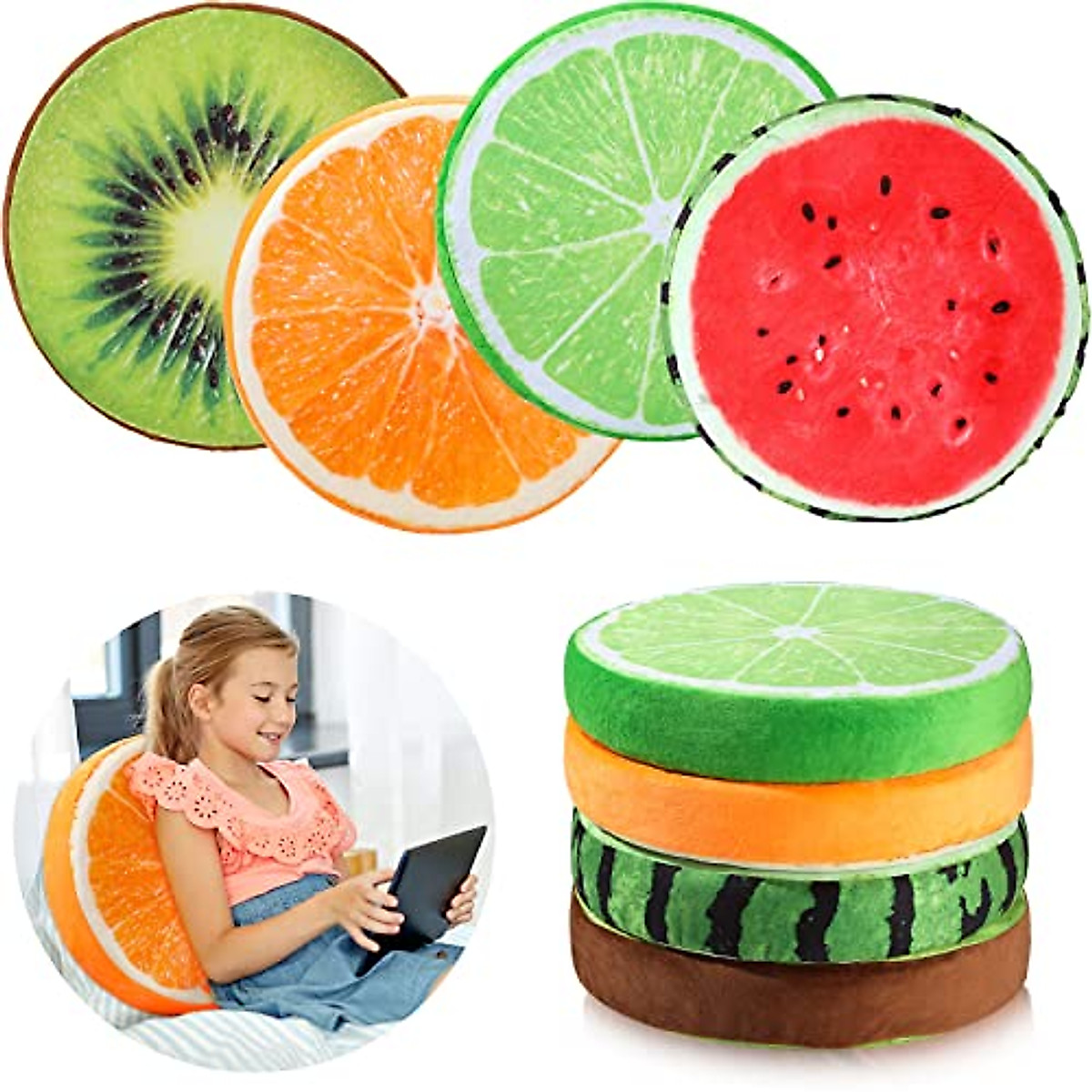 Coume 4 Pcs 15.7 Inch Round Fruit Pillows Stuffed Throw Pillows 3D Watermelon Kiwi Lemon Orange Decorative Floor Cushions Chair Toy Seat Floor Seat Cushions for Kids Couch Sofa Classroom