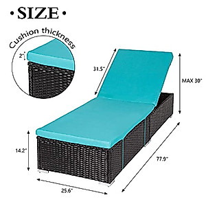 JSUN7 Outdoor PE Wicker Lounge Chair - Rattan Chaise Lounger with Blue Cushion and Adjustable Backrest Recliner