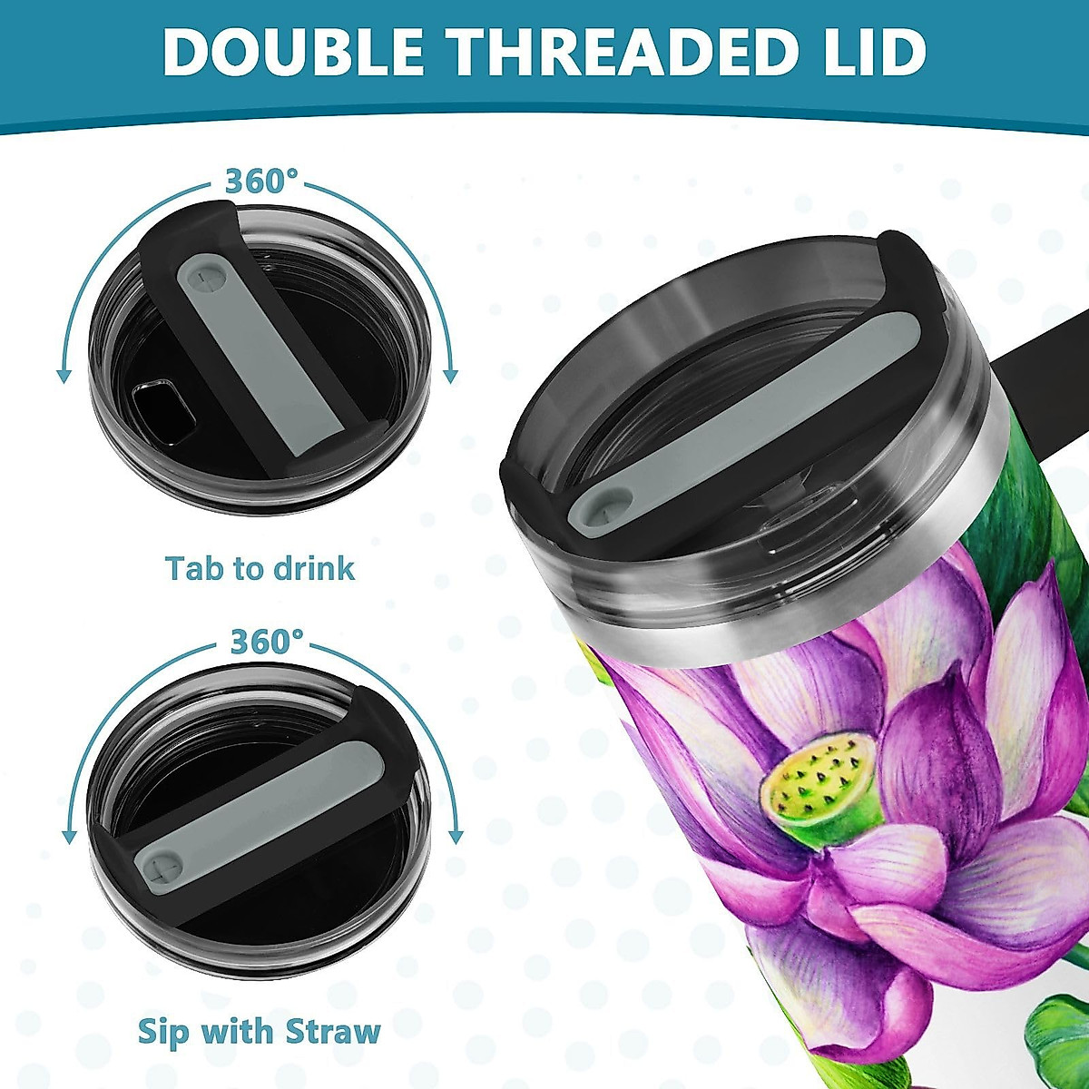 Yasala Car Tumbler with Handle Lotus Dragonfly Spring Travel Mug Coffee Cup Insulated Beverage Container Mega Cup for Hot Cold Drinking Thermos Water Bottle Cupholder Friendly 40 oz