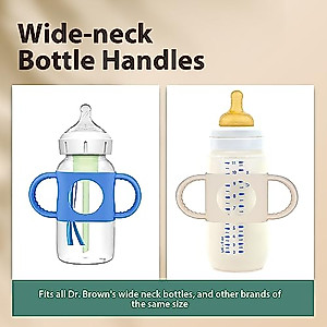 Wide Neck Bottle Handles for Dr Brown, 2 Pack Baby Bottle Holder 100% Silicone, BPA Free, Dishwasher Safe, Baby Grasp Teaching, Hands Free Feeding, White and Green