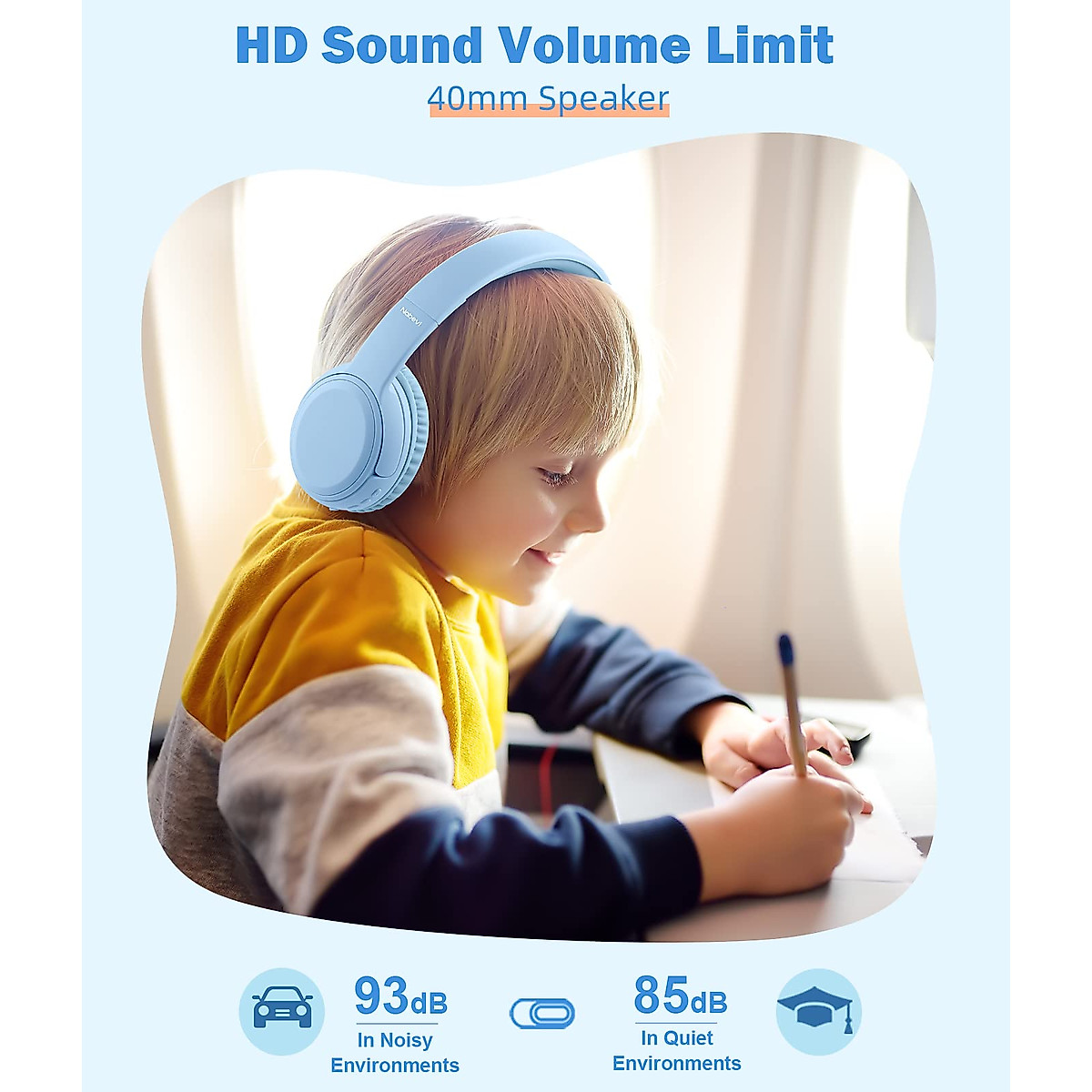 Nabevi Kids Headphones, Over-Ear Headphones Bluetooth Wireless Kids with Mic, 85/93dB Volume Limited, Stereo Sound, Wired Inline AUX Cord Headphones for Children Boy Girl Teens, Blue