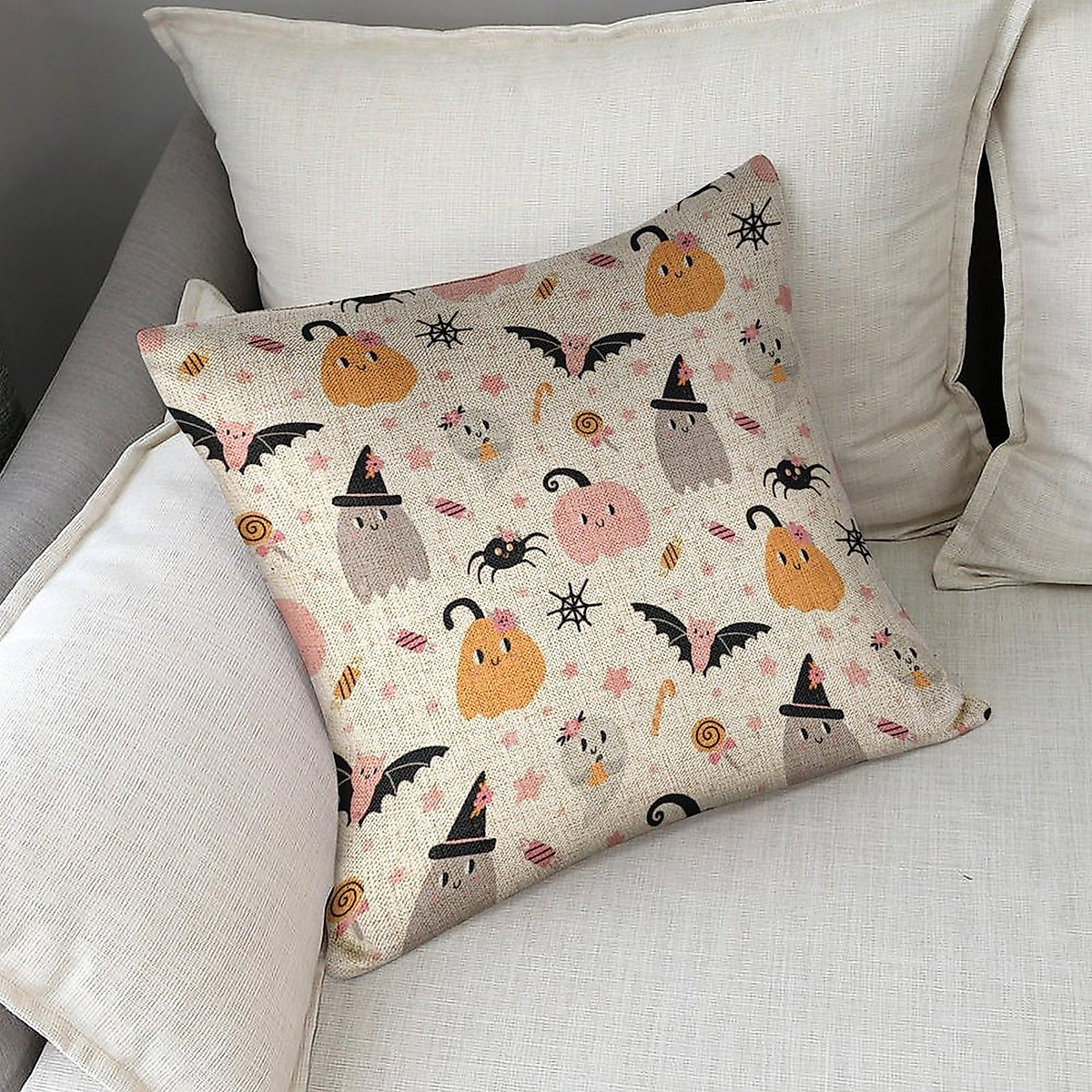 Cute Halloween Ghost Cat Throw Pillow Covers 18×18 Pillowcases Set of 2 Autumn Pumpkin Linen Decorative Square Pillow Case Cushion Covers Standard Size for Sofa Couch Outdoor Bed Pillow Protectors
