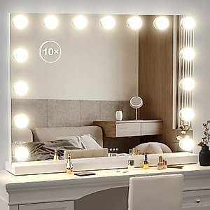 Gvnkvn 22.8 x 18.2 Vanity Makeup Mirror with Lights, 10X Magnification,Large Hollywood Lighted Vanity Mirror with 15 Dimmable LED Bulbs, USB Charger Port, Tabletop or Wall-Mounted White