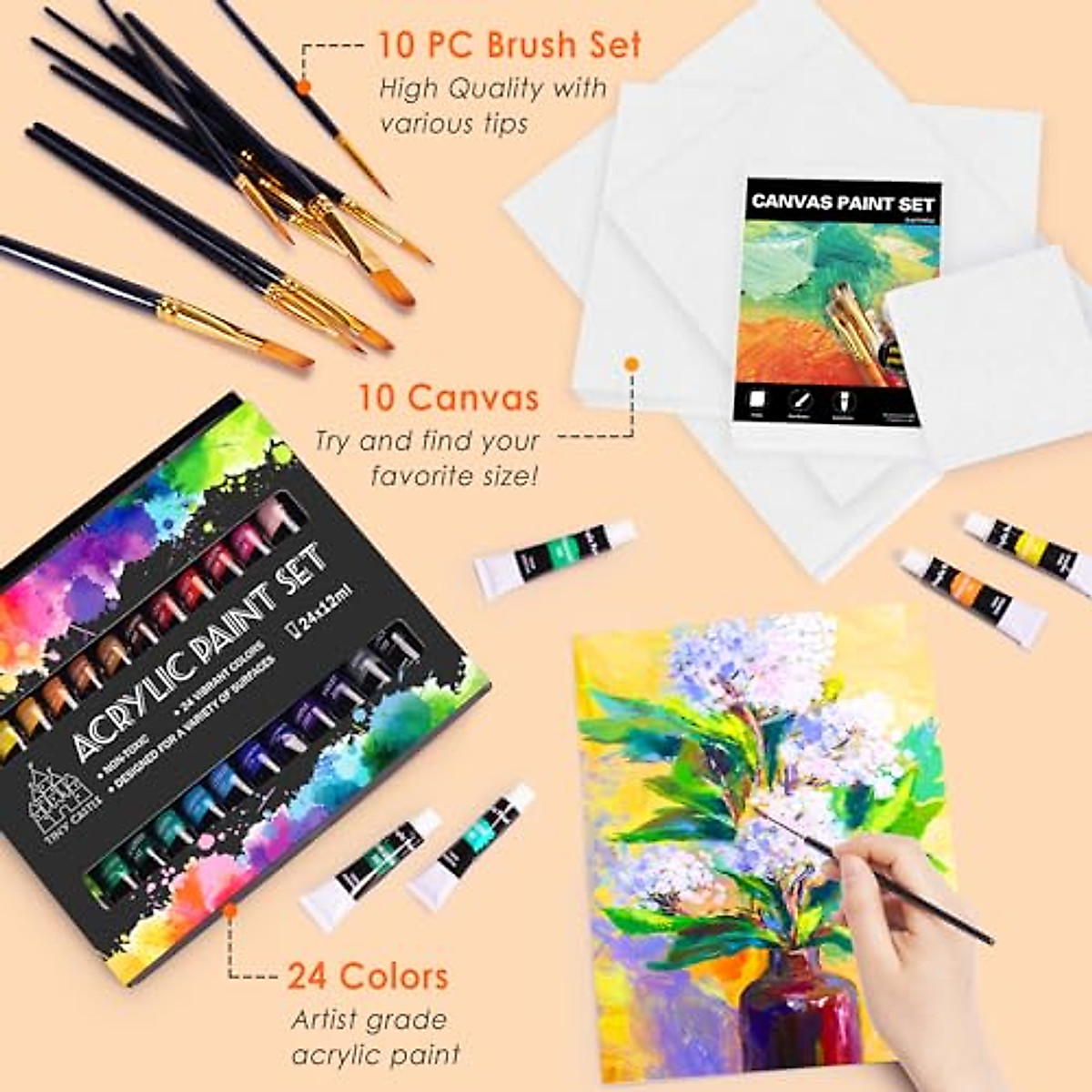 Canvases for Painting, Painting Supplies with 20 Cotton Canvas Panels, 4x4, 5x7, 8x10, 9x12, 11x14 inches (2 of Each), with 24 Acrylic Paints, 10 Brushes, Painting Canvas Set for Multimedia