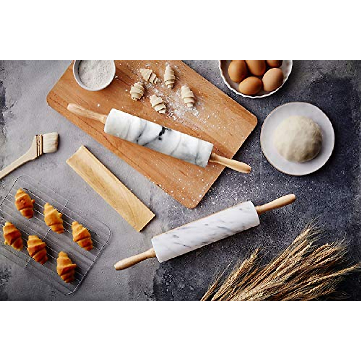 JEmarble Rolling Pin-Wooden Handles(White)(Premium Quality)Polished Surface 18-inch(10"Barrel) Genuine Stone Non-stick Save Effort Easy to Clean