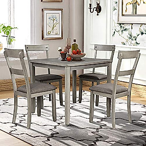 Merax 5-Piece Wooden Dining Table Set with 4 Chairs for Kitchen, Industrial Style, Light Grey