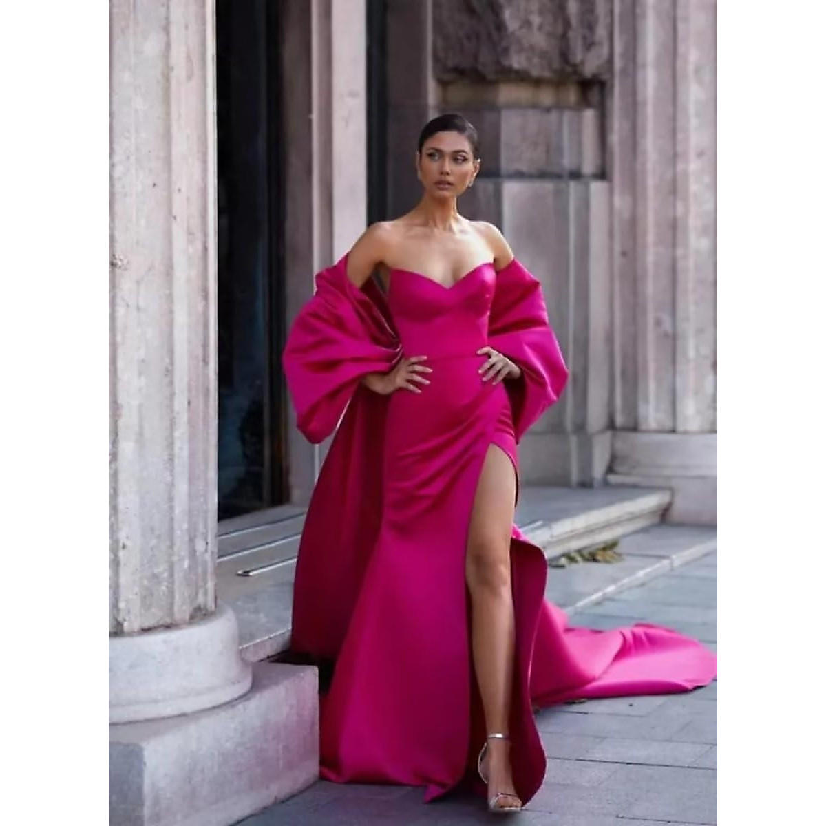 Mouccy Black Halloween Cape with Big Bow Satin Wedding Bridal Cloak Detachable Bridal Wraps with Sleeves Detachable Train