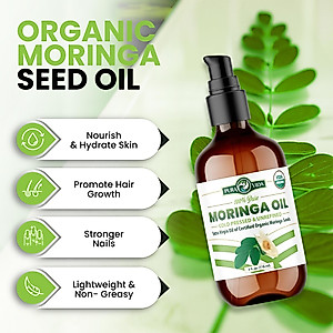 100% Pure Moringa Oil Organic for Face, Hair, Nails and Dry Skin - USDA Certified Single Origin Moringa Oleifera Seeds Extract - 3rd Party Tested, Cold Pressed & Unrefined Organic Moringa Seed Oil