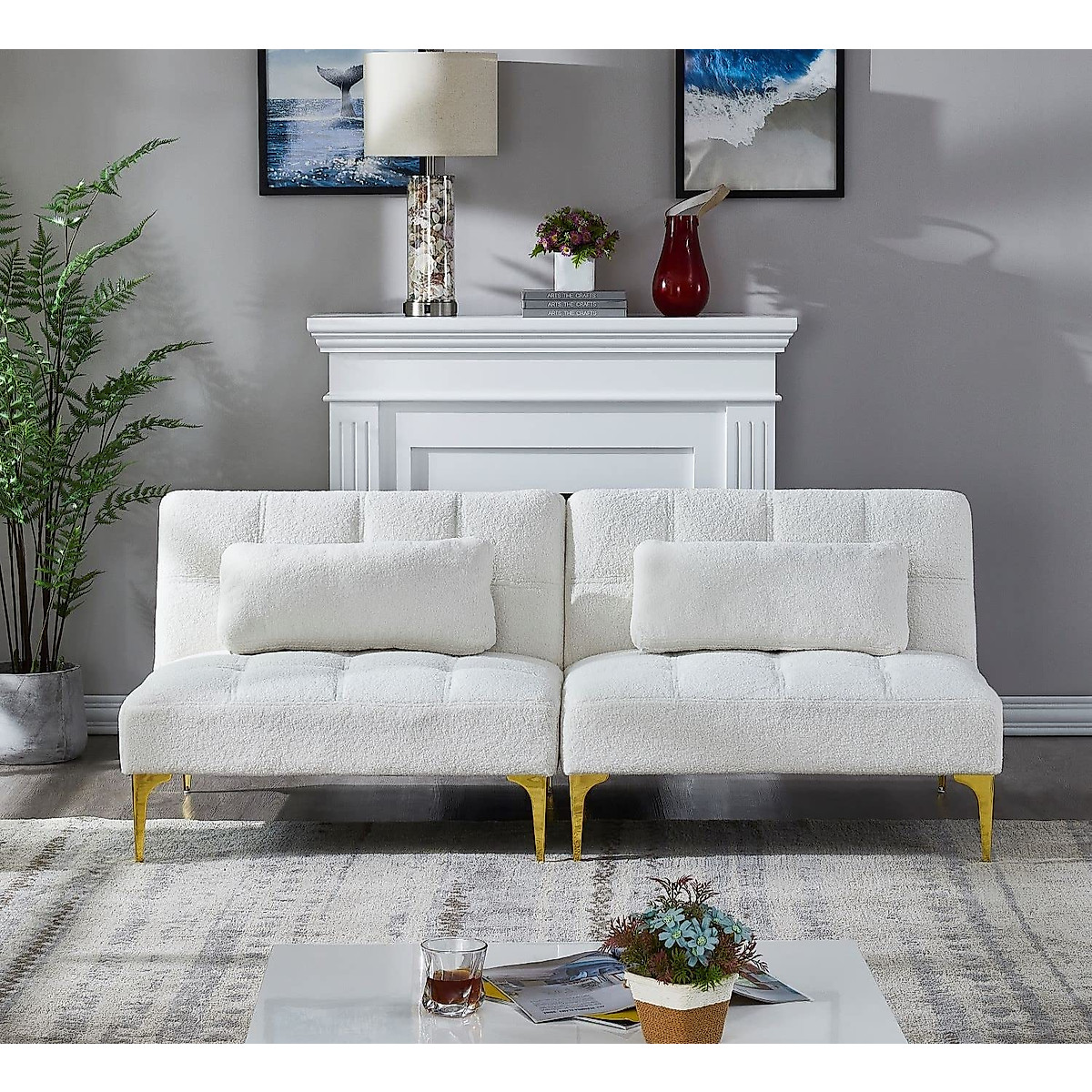 LKTART Convertible Sofa Bed futon with Gold Metal Legs for Living Room Office.White