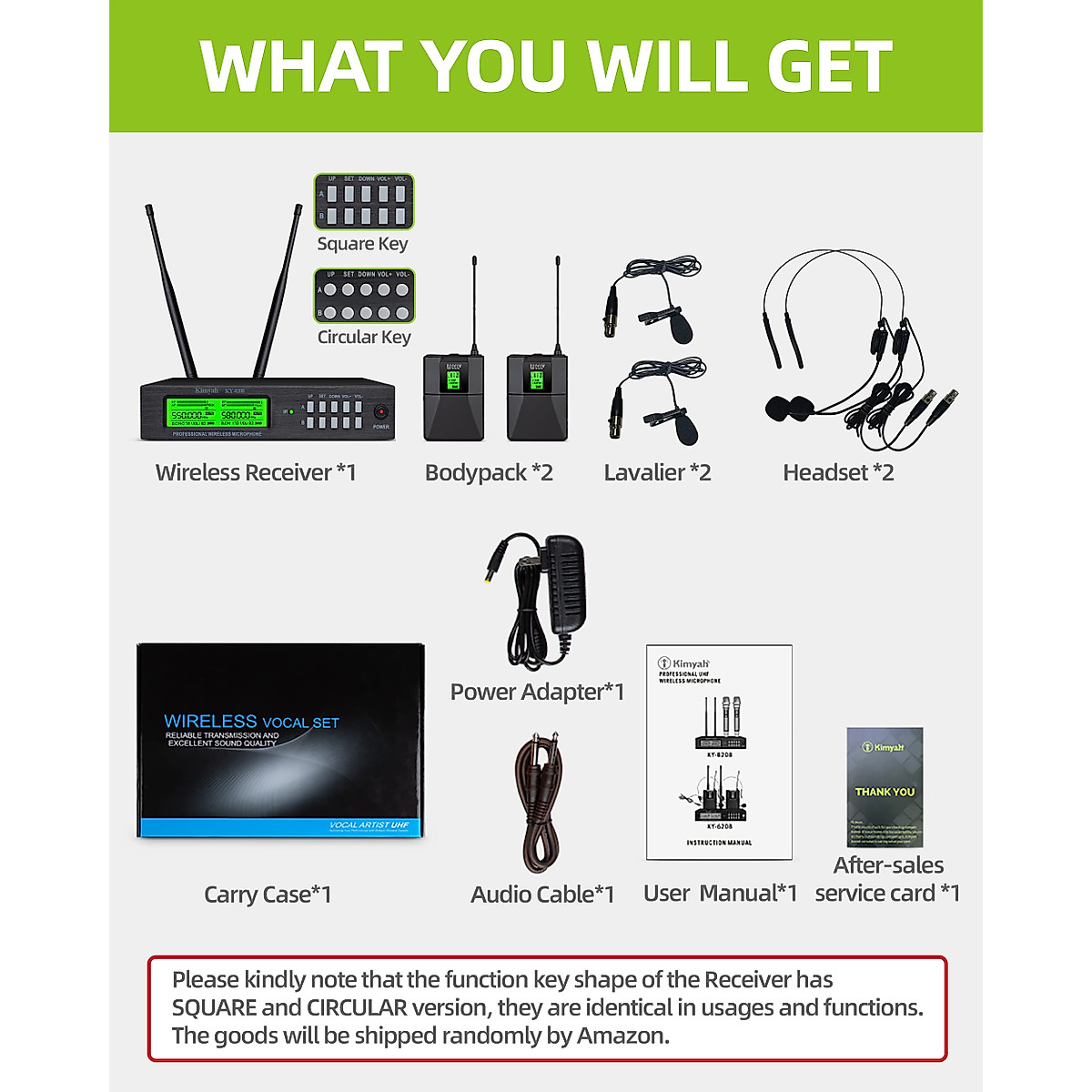 Kimyah Wireless Lavalier and Headset Microphone System,Dual UHF Cordless Bodypack Mics, 2 Lavalier and 2 Headset Microphones, 328ft Range,Ideal for Church and Teaching, Lecture(KY-6208)