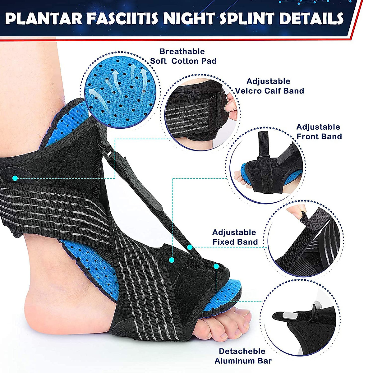 Plantar Fasciitis Night Splint, Adjustable Ankle Brace Foot Drop Orthotic Brace with Hard Spiky Massage Ball Arch Brace Pads, Foot Support Night Splint for Achilles Tendonitis Arch Foot Pain (Black)