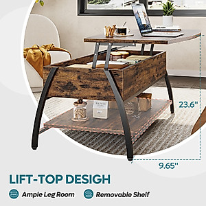 Bestier Lift Top Coffee Table with Storage, 42" Industrial Mesh Shelve Space-Saver Table, Wooden Rising Tabletop Oval Center Table for Living Room