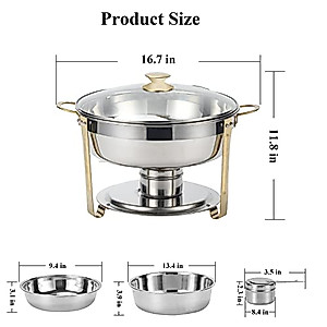 Amhier 5 Qt Chafing Dish Buffet Set with Visible Glass Lid and Holder, Stainless Steel Round Chafers and Buffet Warmers Sets with Food and Water Trays for Catering, Parties and Weddings, Gold, 1 Pack