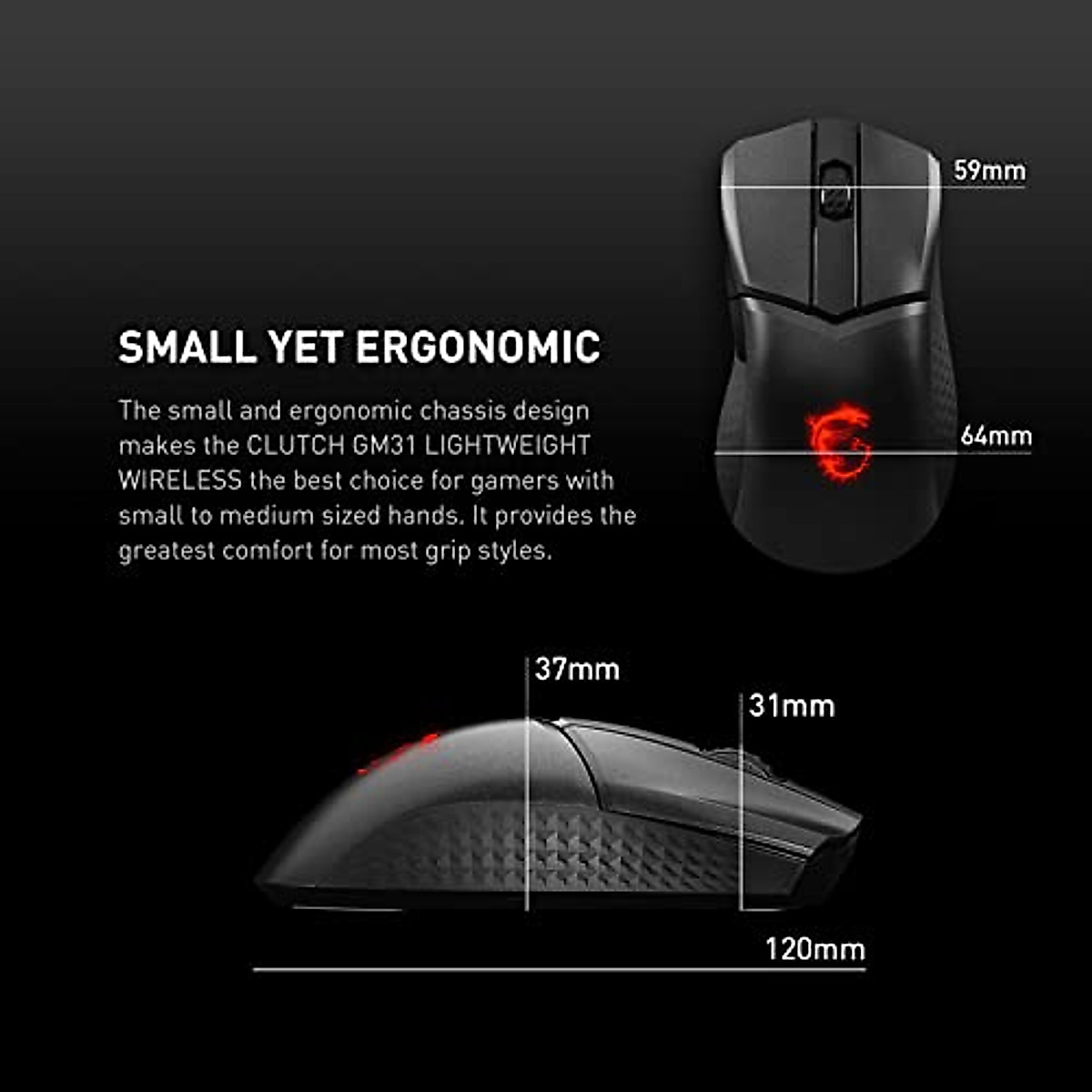 MSI Clutch GM31 Lightweight Wireless Ergonomic Gaming Mouse & Charging Dock, 12K DPI Optical Sensor, 60M Omron Switches, Fast-Charging 110Hr Battery, RGB Mystic Light, 5 Programmable Buttons, PC/Mac