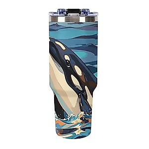 STVNKML 40 Oz Tumbler with Handle Orca Killer Whale Print Stainless Steel Coffee Mug Reusable Travel Mug Leak-proof Insulated Car Cup Large Capacity Tumbler for Travel, Outdoor, Home Use (Black)