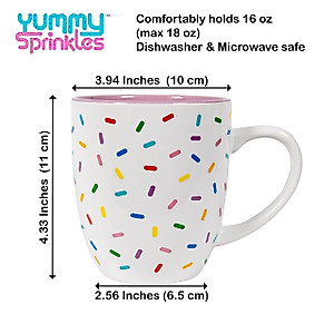 Yummy Sprinkles Mug | Lavendar Cute Coffee Mug with Rainbow Sprinkles | Birthday cake Coffee Cup Gift | Large White Ceramic Cup with Green, Yellow, Red, Pink, and Blue Sprinkles | Fun Pattern