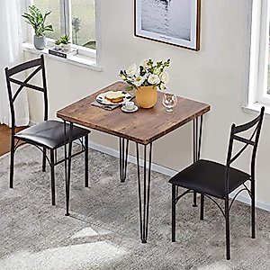 VECELO Modern Industrial Style 3-Piece Room Kitchen Pu Cushion Chair Sets for Small Space, Dining Table for 2, Retro Brown and Black