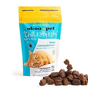 Okoa Pet “Chill, Kitty Kitty” Hemp Calming Supplement for Cats - Cat Anxiety Support Soft Chews for Reduced Stress, Thunder, Travel, & Separation - Salmon Flavor Hemp Treats - Vet Formulated, USA Made