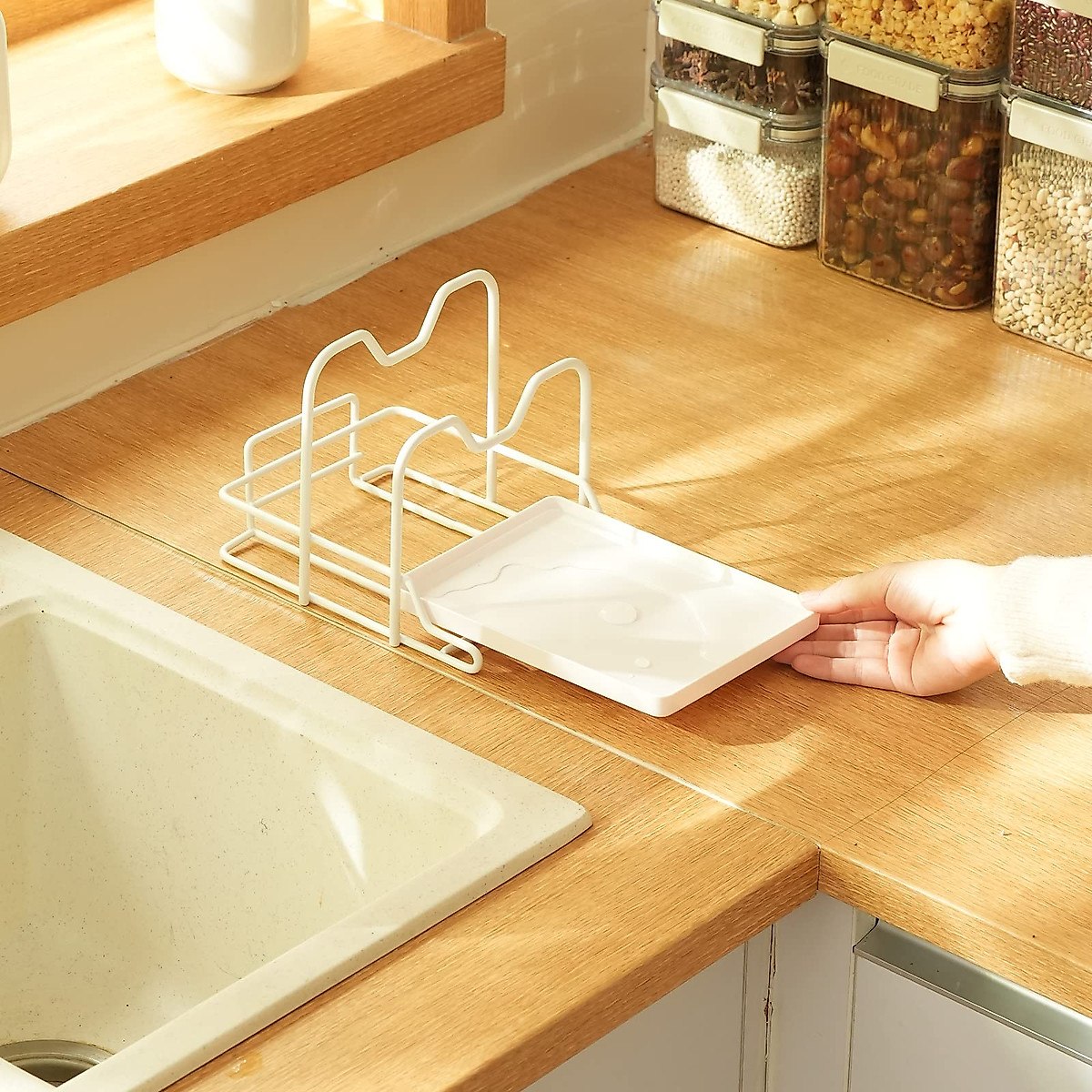 SUNFCON Upgraded Pot Pan Lids Holder Large Cookbook Stand Spoon Rest Cutting Board Rack Chopping Board Organizer Stand w Drip Tray Kitchen Countertop White