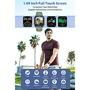 Smart Watch for Women Men Waterproof Fitness Tracker with Blood Pressure and Heart Rate Monitor for iOS Android Phones Digital Activity Tracker with 1.69'' Touch Screen for Running Swimming Green