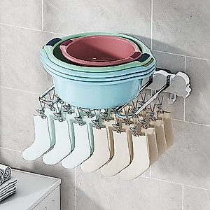 OBloved 2 Pack Clothes Drying Rack Wall Mount, 20 Clips Stainless Steel Sock Drying Rack, Laundry Drying Rack with Clips for Socks, Bras, Towels, Underwear, Clothes (White)