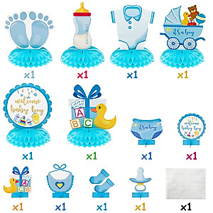 OSNIE 12Pcs It's a Boy Baby Shower Themed Honeycomb Centerpieces Table Topper for Baby Boys Welcome Baby Boy Cutouts Gender Reveal Party Decorations Infant Baby Party Favors Photo Booth Props (Blue)