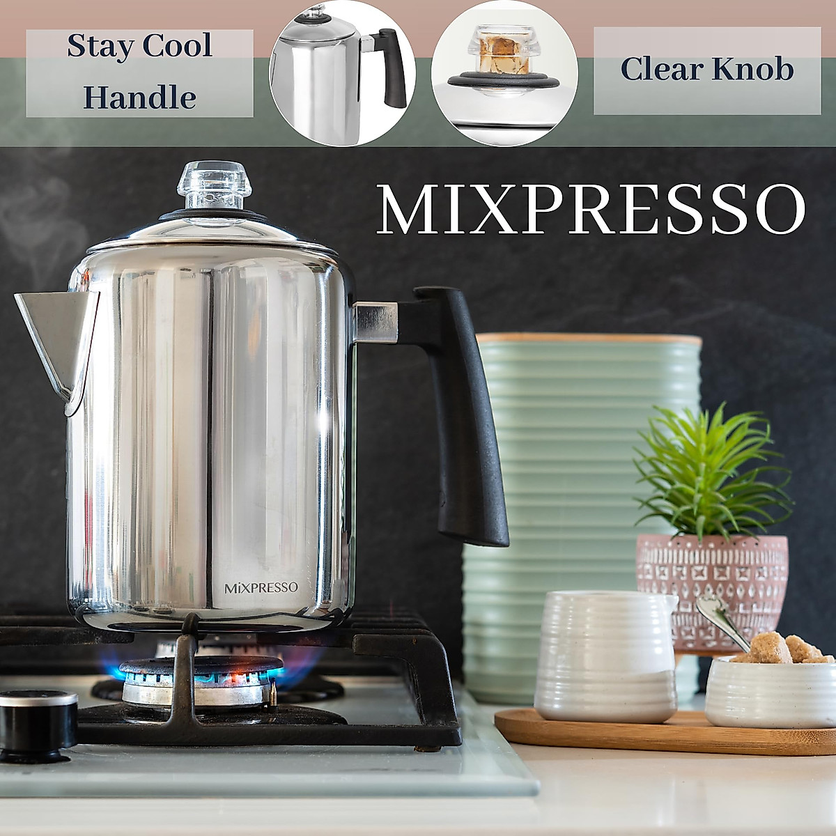 Mixpresso Stainless Steel Stovetop Coffee Percolator, Percolator Coffee Pot, Excellent For Camping Coffee Pot, 5-8 Cup Coffee Maker, Stainless Steel Coffee Percolator