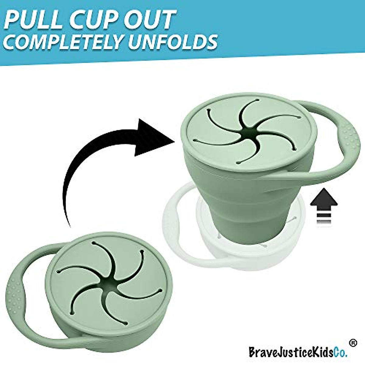 BraveJusticeKidsCo | Snack Attack Cup Collapsible Silicone Container Toddler and Baby Catcher Lid (Mint Green)