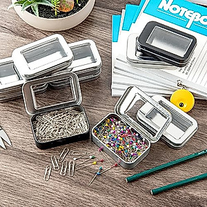 Restaurantware RW Base 4.5 Ounce Rectangular Tin Containers 10 Durable Tin Boxes With Lids - Clear Window Lids Rounded Edges Silver Tin Storage Containers Customizable Fits Mints Or Pills
