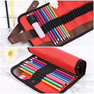 PATIKIL Handmade 36 Slots Roll Up Pencil Case, Oxford Cloth Pencil Wrap Pouch Pen Holder Organizer for Artist Drawing Coloring Sketching, Red
