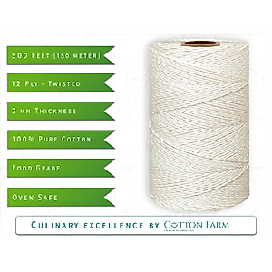 Cotton Farm Cooking Twine, 500 Feet String, 0.1 Inch (2mm) Thickness, Twisted (Extra Strong), 100% Unbleached Cotton - Butchers Choice for Cooking
