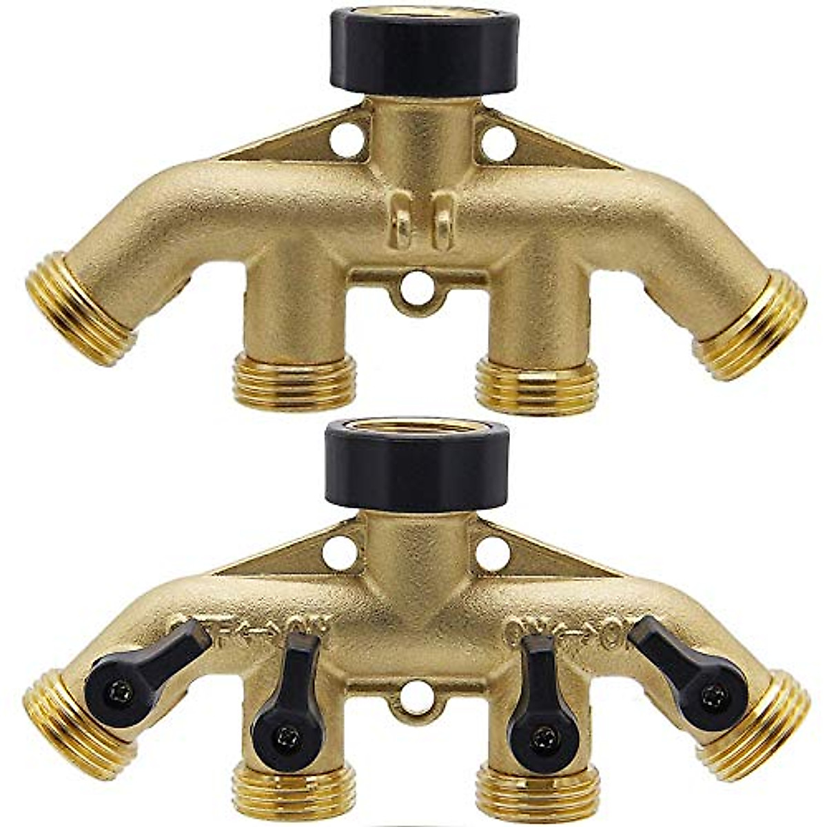 Biswing 4 Way Brass Hose Splitter, 3/4" Brass Hose Faucet Manifold, Garden Hose Adapter Connector, Hose Spigot Adapter with 4 Valves