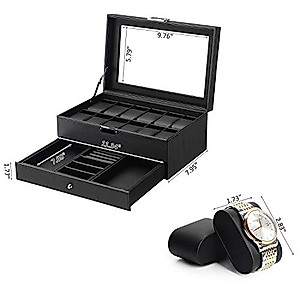 BEWISHOME Watch Box Organizer with Valet Drawer - Real Glass Top, Adjustable Tray, Metal Hinge, Carbon Fiber Design - 12 Slots Watch Storage Case for Men, Black SSH02C