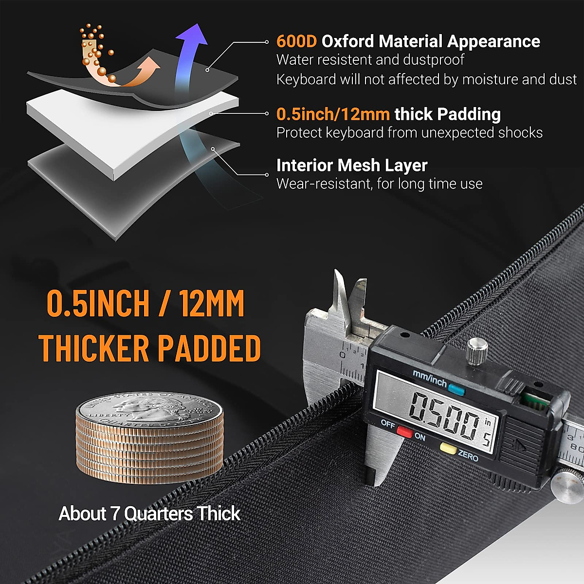 CAHAYA 61 Key Keyboard Case Electric Keyboard Piano Gig Bag Portable 600D Oxford Cloth 12mm/0.5inch Thick Padded Case with Side Handles and Adjustable Shoulder Straps CY0315