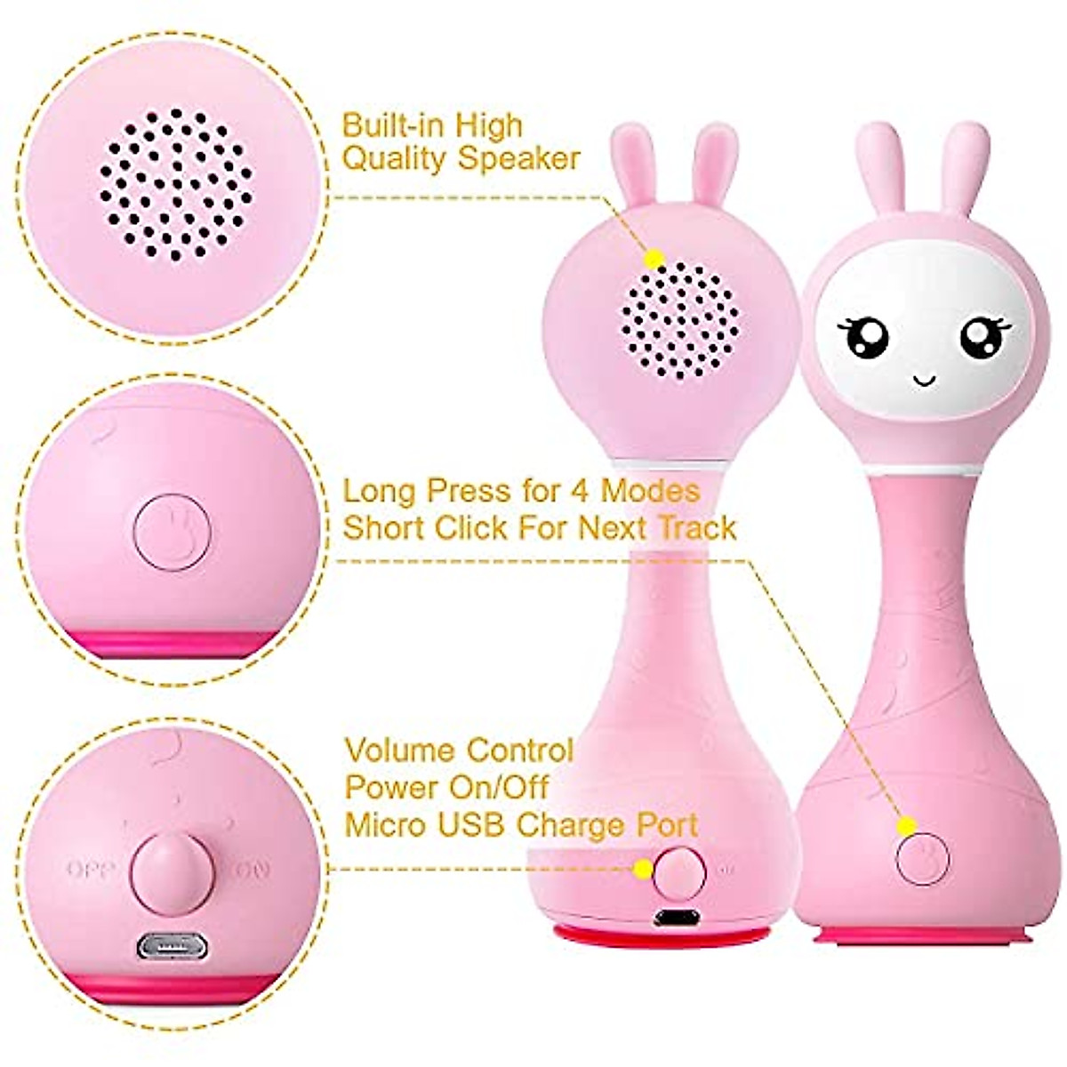 Alilo Bunny Baby Rattle Shaker and Teether Toys,Electronic Rattle Infants Toy,9 Kinds of Color Learning and Educational Toys with Music & Light for 0-6-12 Months, Gift for Newborns Girls Boys Toddlers