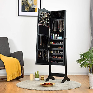 AUGESTER Lockable Mirrored Standing Jewelry Armoire Organizer, Large Storage Jewelry Cabinet w/Full Length Outside Mirror, 4 Angel Adjustable & Top Arc Design, 2-in-1 Jewelry Box Organizer (Black)