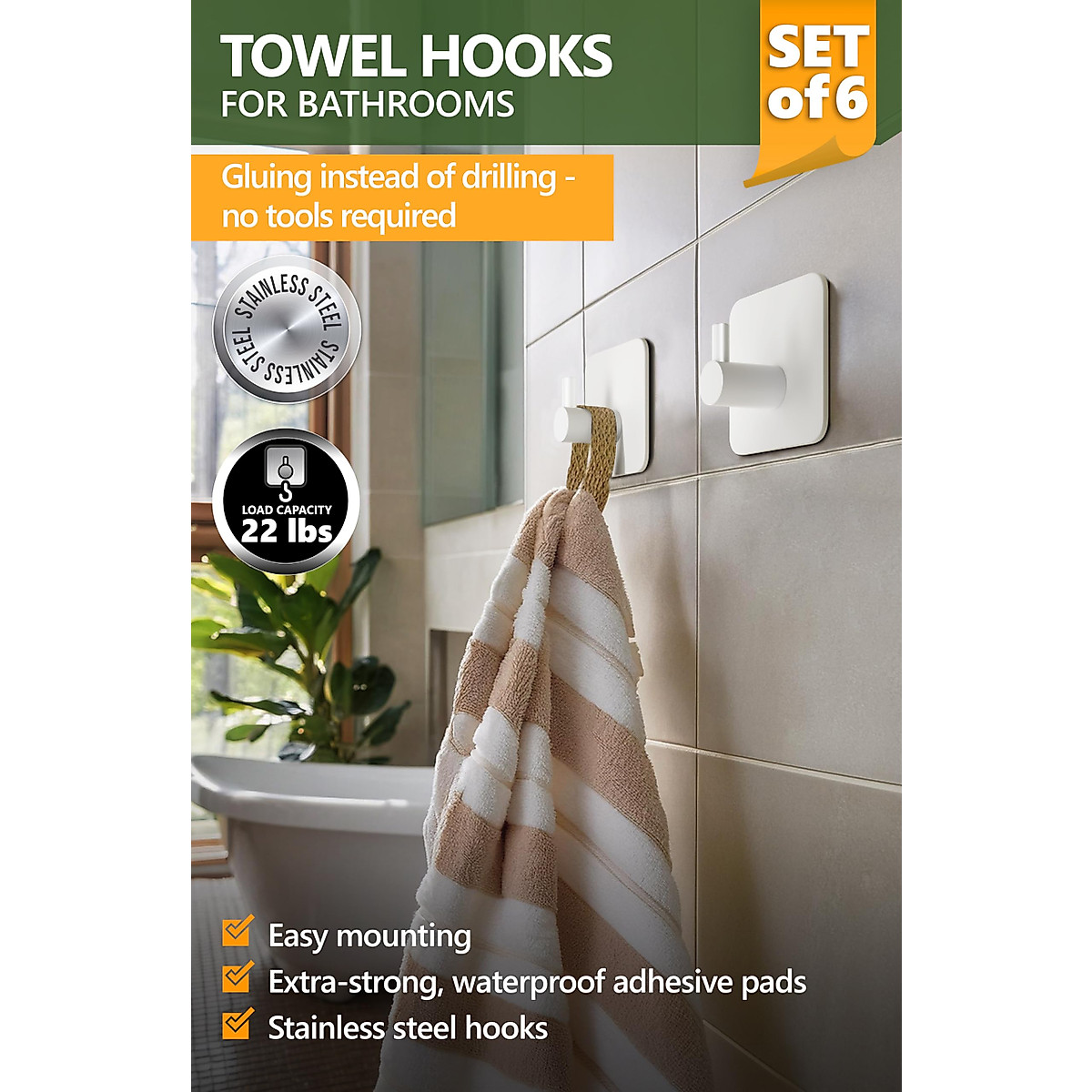 4smile Towel Hooks for bathrooms, Set of 6 - White Adhesive Hooks, Durable Adhesive Wall Hooks - Strong Adhesive Towel Hooks, Stick on Hooks