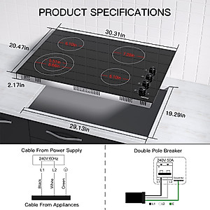 Electric Cooktop 30 inch Ceramic Stove 4 Burners Built-in Stove Top Electric Hot Plate Satin Glass cooktop in Black, Control by Knob/Timer/Child Safety Lock/9 Power Levelsr/220-240V 6700W