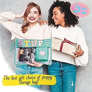 BAGMIND Large Chenille Letter Bag, 2 PCS Preppy Stuff Clear Bag, PU Waterproof Snack Makeup Sunscreen Bag Travel Cosmetic Pouch, Gift for Women Girls