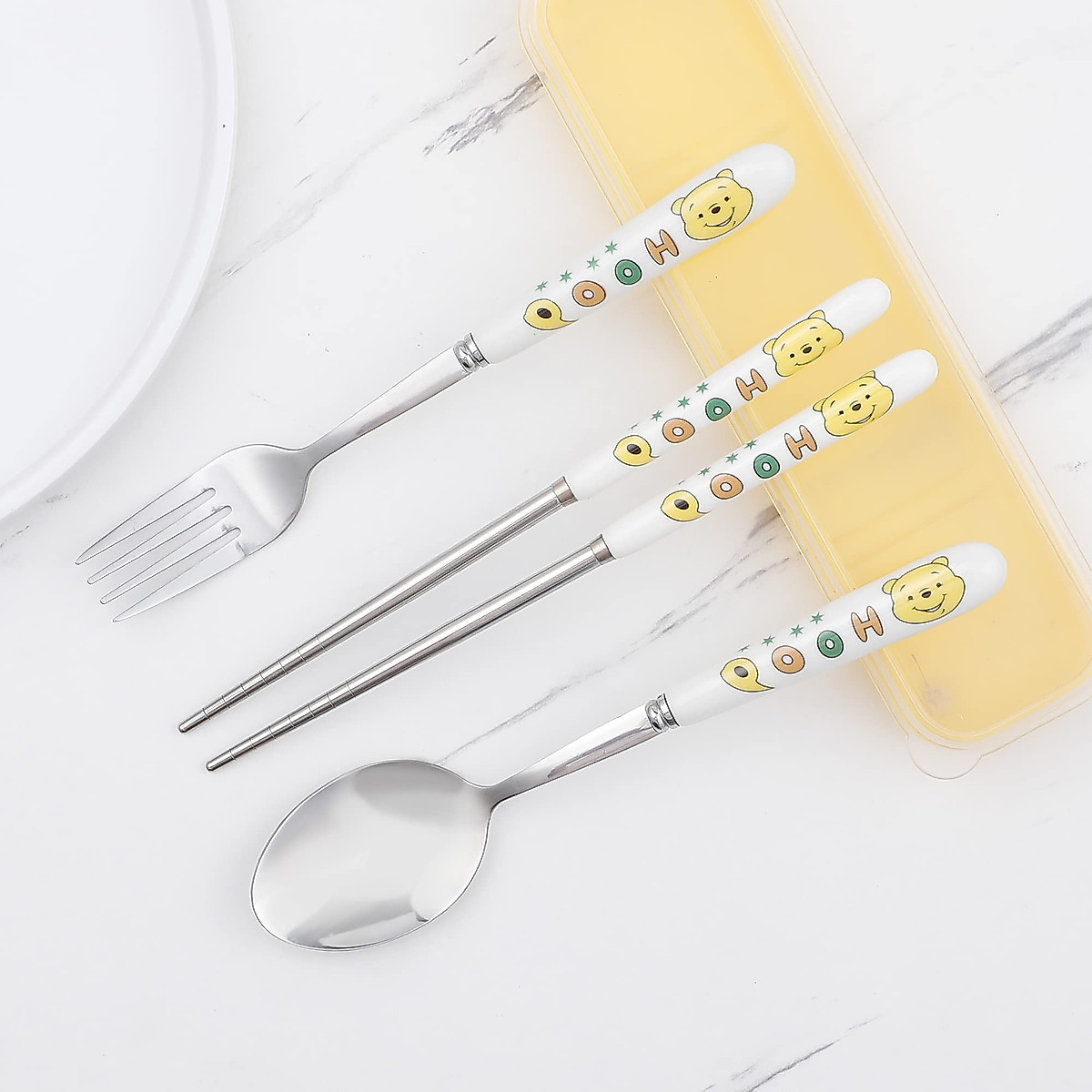 Pooh Portable Camp Reusable Flatware Cute Pooh Bear Travel Utensils Case with Stainless Steel Fork Spoon Chopsticks(SCF-Pooh)