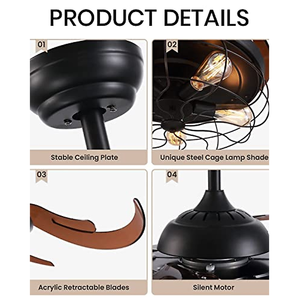 Siljoy 36” Farmhouse Ceiling Fan with Lights and Remote, Industrial Caged Retractable Ceiling Fan, 6 Wind Speeds Rustic Ceiling Fan for Patio Kitchen Bedroom Living Room, Black