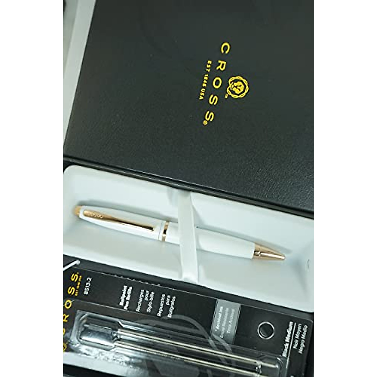 A.T. Cross Pearlescent Lightening White Medalist and 23KT Rose Gold Appointments and Cross signature mid Band Calaise Ballpoint Pen and two Bonus refills A Gift Pen for Anyone and Any Occasion