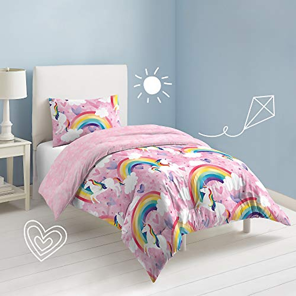 dream FACTORY Unicorn Rainbow Comforter Set, Pink, Twin