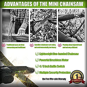 Mini Chainsaw Cordless 4&6 Inch,V-MODEST Brushless One-Handheld Electric Chain Saw with 2x24V Battery Powered, 23.4FT/s, Security Lock for Wood Cutting Tree Pruning(also for women)