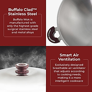 BUFFALO Clad Stainless Steel Wok Pan with Lid Round Bottom 16 inch (40cm) Stir Frying Pan Tri-Ply Nonstick Cookware - Double Handle Cooking Pot for Induction/Electric/Gas Stoves