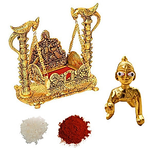 WC Jhula for Krishna Bal Gopal | Laddu Gopal Metal Swing & roli chawal tika combo |Baby Krishna Lord Krishna | Janmashtami Palna for Home Temple mandir-Janmashtami jhula Home décor,housewarming gift