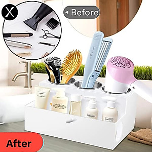 SefiHome Hair Dryer Organizer, Hot Tool Holder with 3 Steel Cups, Hair Dryer and Straightener Holder, Hair Tool Organizer Countertop for Storing Flat Irons, Curling Irons, Combs, Cosmetics(White)